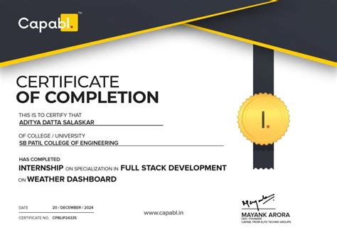 Completed A Summer Internship In Full Stack Development On Weather Dashboard At Capabl Thanks To