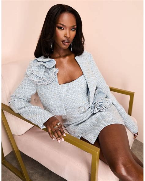 Asos Boucle Cropped Blazer With Corsage Details In Blue Lyst