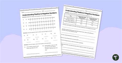 Understanding Positive And Negative Numbers Worksheet Teach