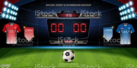 축구 저지 모형 팀 A Vs 팀 B 점수 판 경기 Vs 전략 타이밍 디지털 방송 그래픽 또는 템플릿에 대 한 프레 젠 테이 션 점수 게임 결과 라인업에 대한 스톡 벡터 아트