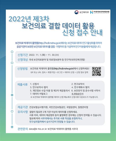 안내 2022년 「제3차 보건의료 결합 데이터 활용 신청 접수」안내111~1130 공지사항 알림마당 Emr