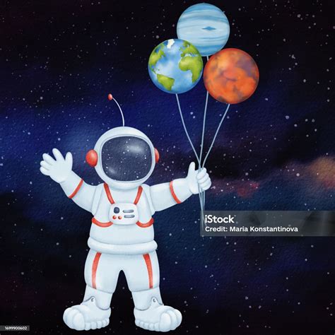우주를 테마로 한 카드 우주 비행사는 행성 풍선의 꽃다발과 함께 무한한 별이 빛나는 하늘을 배경으로 서 있습니다 생일 초대장 의상 파티를 위한 쾌활한 캐릭터 수채화 그림