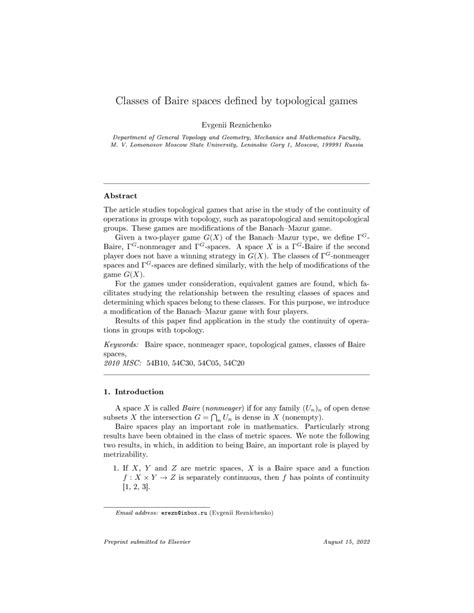 Pdf Classes Of Baire Spaces Defined By Topological Games