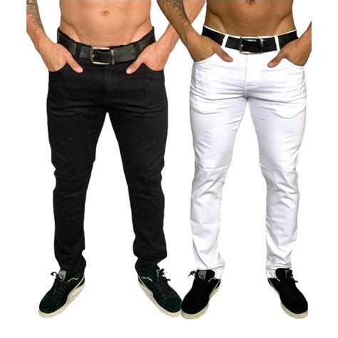 Kit 2 Calça Jeans Sarja Masculina Skinny Slim Com Lycras Bege Preta