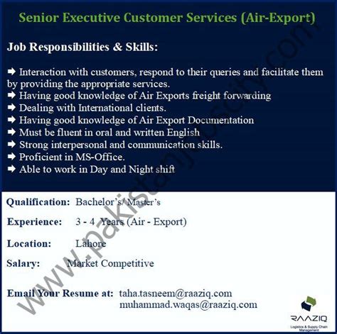 Raaziq International Pvt Ltd Jobs Senior Executive Customer Services
