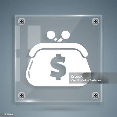 회색 배경에 고립 된 달러 기호 아이콘이있는 흰색 지갑 지갑 아이콘입니다 현금 저축 기호입니다 정사각형 유리 패널 벡터 일러스트레이션 0명에 대한 스톡 벡터 아트 및 기타