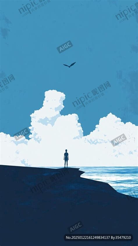 Ai创作图孤独背影插画 插画海洋辽阔 孤独的灵魂插画 蓝色系插画 插画海边 蓝色系冷淡风童话卡通 插画海平面 孤独蓝色海报 插画蓝天大海 蓝色系手绘插画 治愈系插画插图 治愈插画设计 噪点风