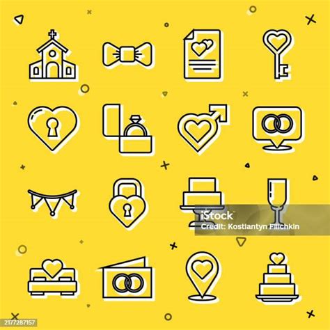 하트 웨딩 케이크 샴페인 잔 반지 인사말 카드 다이아몬드 약혼 하트 열쇠 구멍 교회 건물 및 남성 성별 아이콘을 설정합니다 벡터