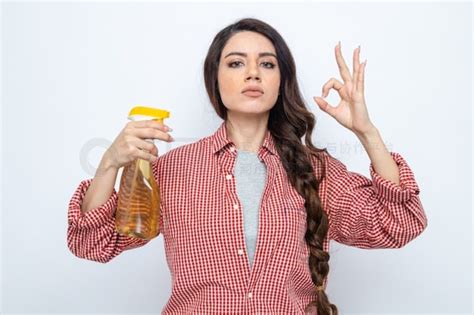 清洁工高清图片 自信的漂亮白人清洁工妇女拿着喷雾清洁剂，打着 好”的手势 风景名胜免费下载格式编号51058981 千图网