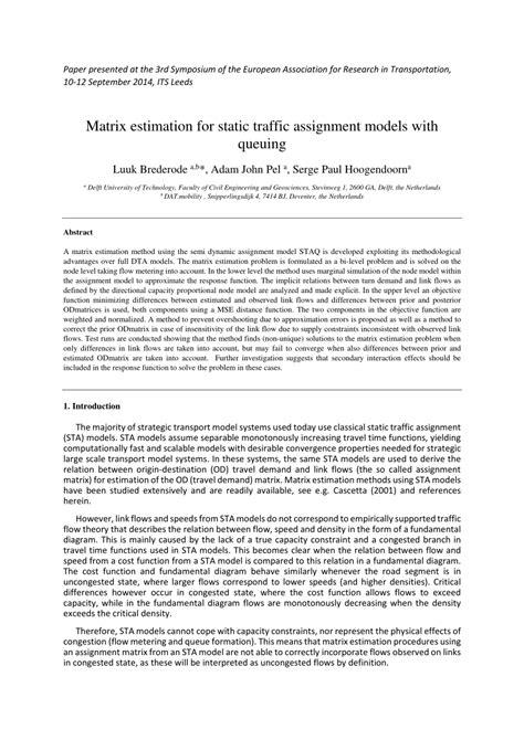 Pdf Matrix Estimation For Static Traffic Assignment Models With Queuing