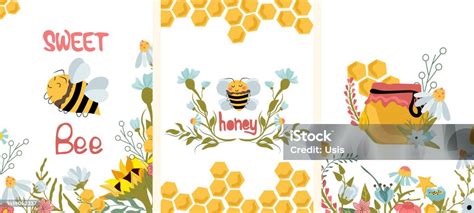 야생화가있는 해피 꿀벌 벌집이있는 유리 항아리 꿀 야생화 귀여운 꿀벌 해바라기 카모마일 브랜드 로고 라벨 엽서에 대한 구성 벡터