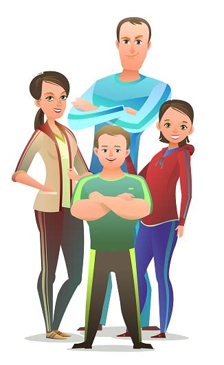 트랙 슈트를 입은 남자와 여자와 아이들 스포츠 활동을 준비했습니다 쾌활한 사람 서있는 포즈 만화 스타일 단일 문자 흰색 배경에 고립 된 그림 벡터 개념에 대한 스톡 벡터