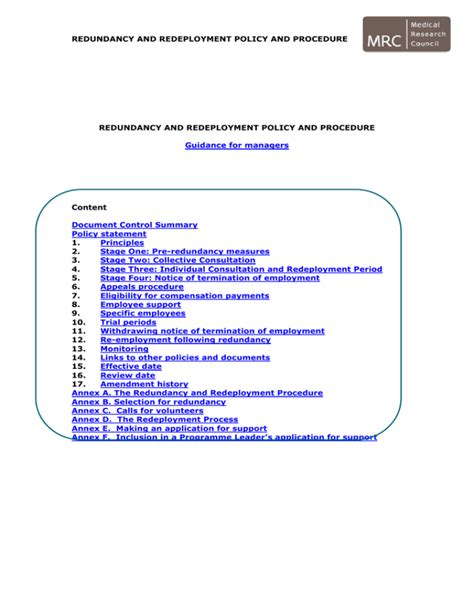 Redundancy And Redeployment Policy And Procedure Content Guidance For Managers