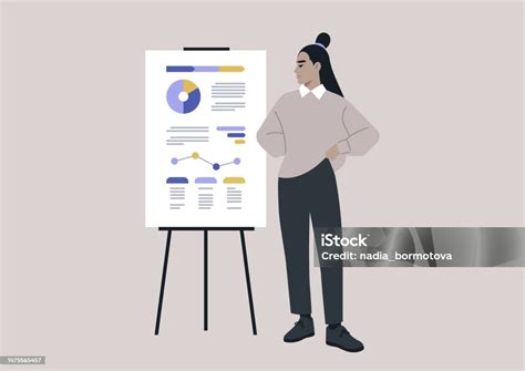 젊은 아시아 여성 캐릭터가 플립 차트에 인쇄된 연구 보고서를 제시하여 데이터 분석 및 최적화를 강조합니다 가리키기에 대한 스톡 벡터 아트 및 기타 이미지 Istock