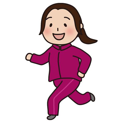 走っているジャージ姿の女性体育教師の無料フリーイラスト かわいい手描きの無料素材「てがきっず」保育園・小学校・介護施設にぴったりの