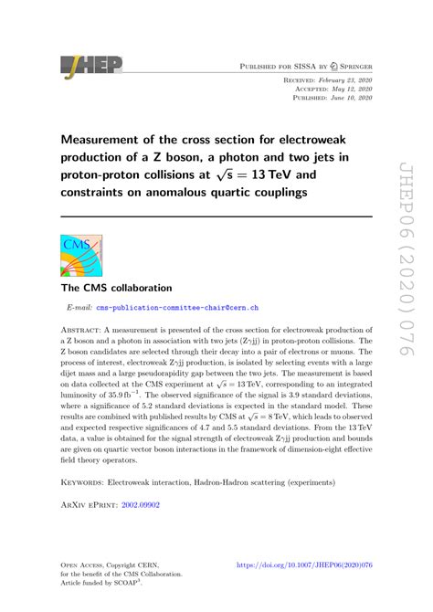 Pdf Measurement Of The Cross Section For Electroweak Production Of A Z Boson A Photon And Two