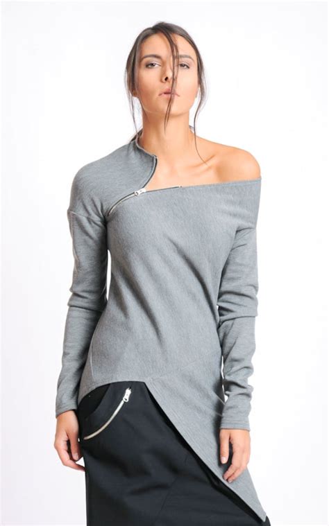 Grey Asymmetric Topextravagant Casual Tuniclong Sleeve Etsy