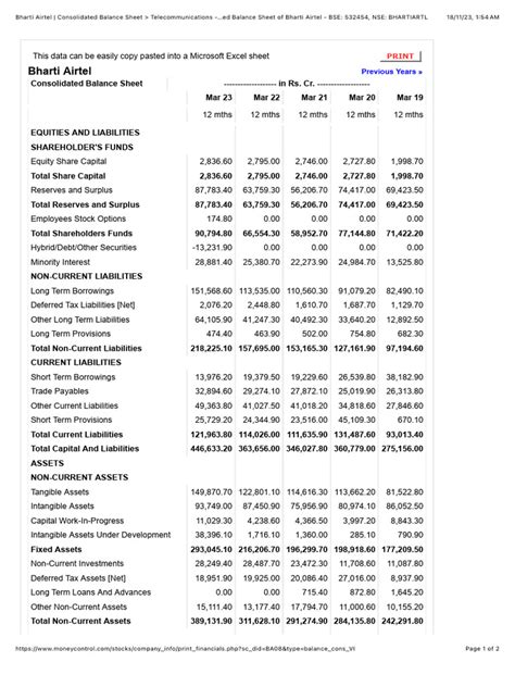 Bharti Airtel Consolidated Balance Sheet Telecommunications Service