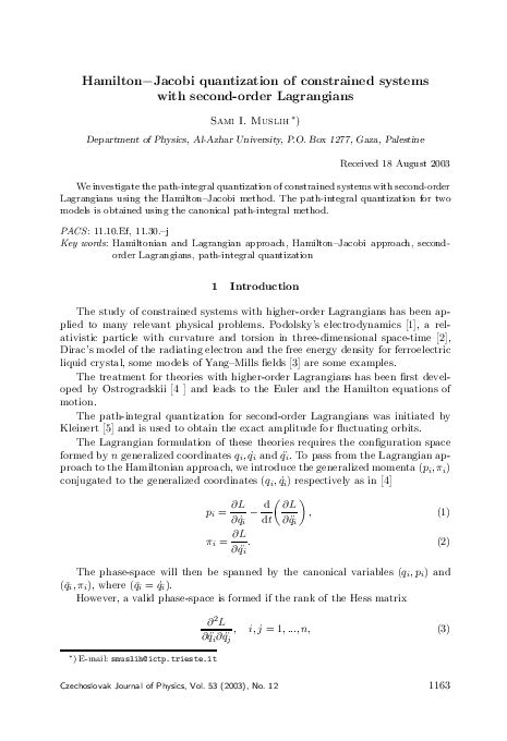 Pdf Hamilton Jacobi Quantization Of Constrained Systems With Second Order Lagrangians