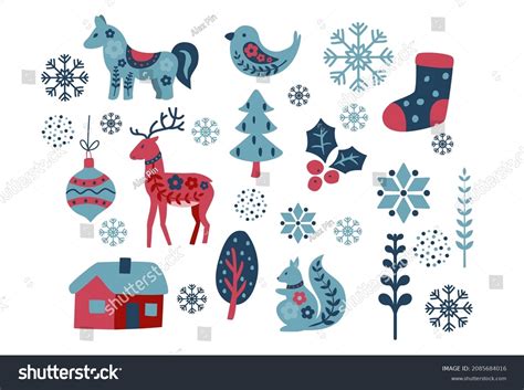 Scandinavian Christmas Hand Drawn Illustration Collection Stock Vector
