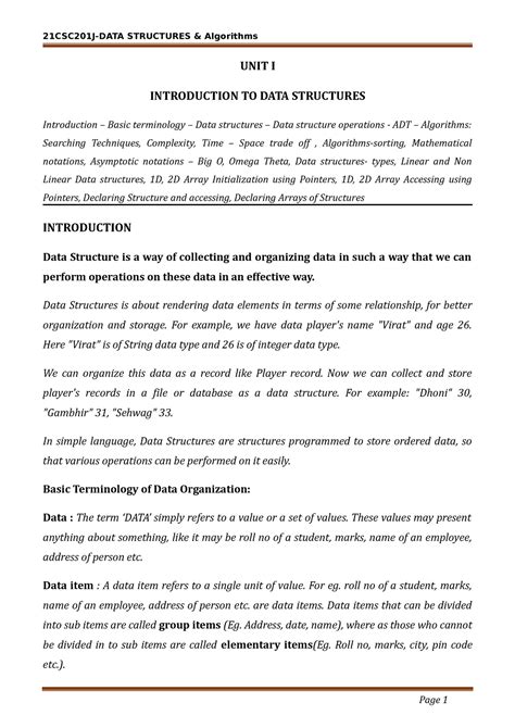 Unit I UNIT I INTRODUCTION TO DATA STRUCTURES Introduction Basic Terminology Data