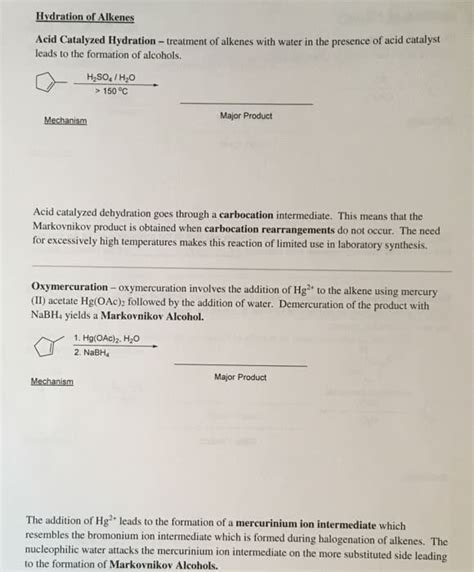 OneClass Hydration Of Alkenes Acid Catalyzed Hydration Treatment Of Alkenes With Water In The