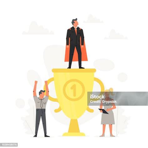 연단에 실업 한 성공과 젊은 작은 사람 큰 골드 트로피에 서 사람들은 우승자에 대 한 행복 벡터 시작 비즈니스 그림입니다 강단에