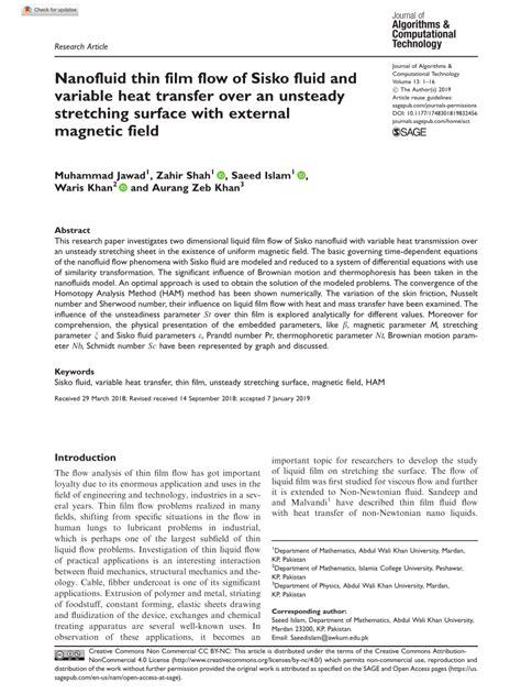 Pdf Nanofluid Thin Film Flow Of Sisko Fluid And Variable Heat Transfer Over An Unsteady