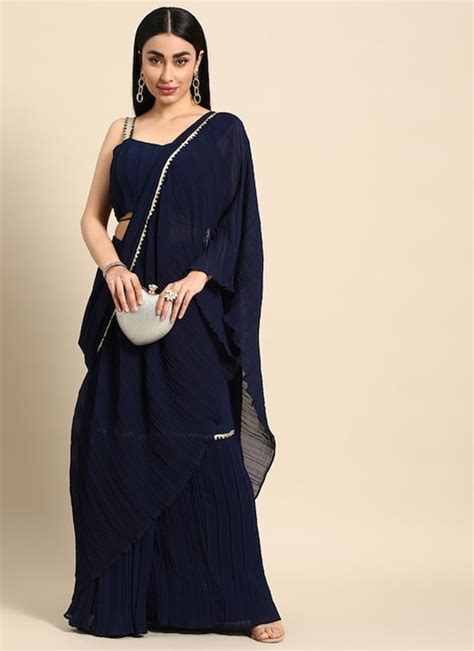 Buy Navy Blue Georgette Pleated Ruffle Saree Festive Wear Online At