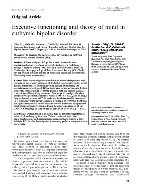 Pdf Executive Functioning And Theory Of Mind In Euthymic Bipolar Disorder