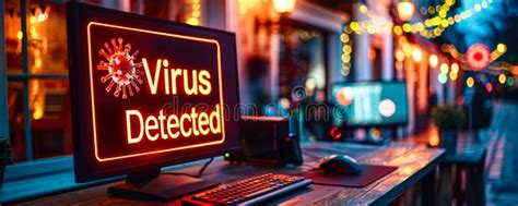 Computer Monitor On A Desk In A Dimly Lit Office Displaying A Red Alert