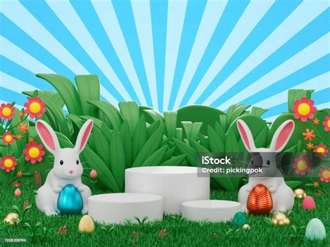 부활절 토끼 토끼와 계란으로 장식 디스플레이 연단 제품의 3d 렌더링 3차원 형태에 대한 스톡 사진 및 기타 이미지 3차원 형태 4월 개념 Istock