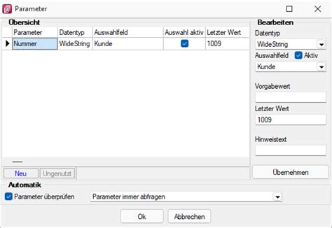 Sql Dialog Parameter Definieren