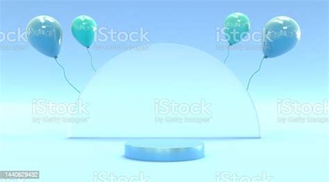 파란색 플랫폼과 풍선 유리 배경 3d 그림 렌더링 전단지 디스플레이 제품 디자인 배경 광고 등 0명에 대한 스톡 사진 및 기타 이미지 Istock