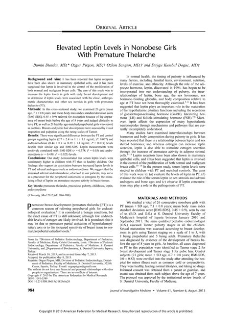 Pdf Elevated Leptin Levels In Nonobese Girls With Premature Thelarche