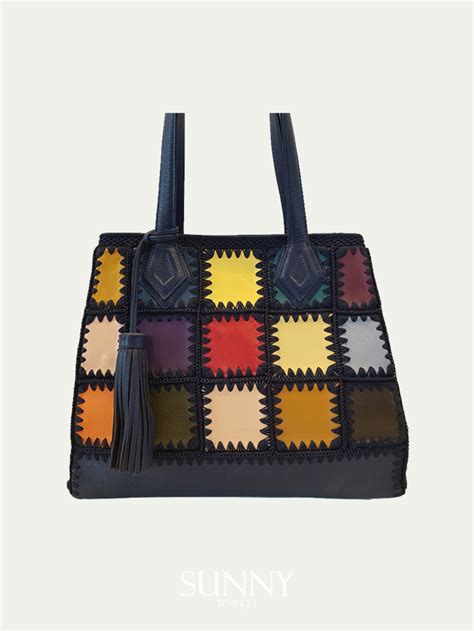 써니핸드메이드 퍼즐 양가죽 패치워크 숄더백 네이비