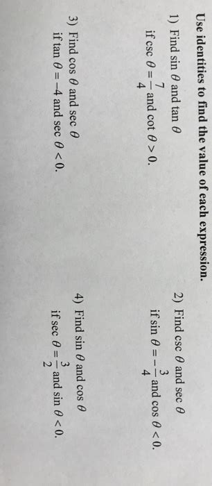 solved use identities to find the value of each expression