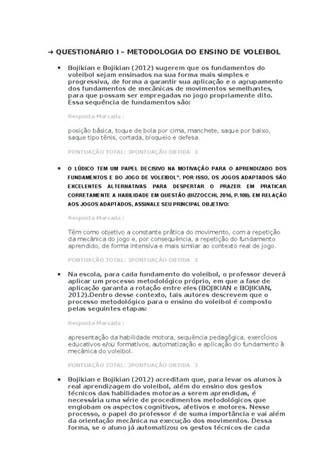 Questionário I voleibol QUESTIONÁRIO I METODOLOGIA DO ENSINO DE