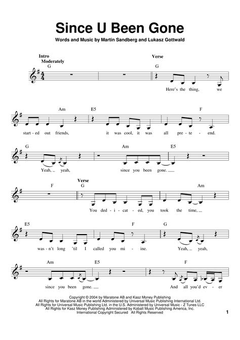 Since U Been Gone By Kelly Clarkson Sheet Music For Pro Vocal Playalong
