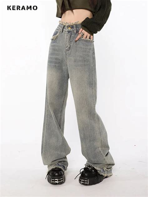 Jeans De Perna Larga Coreano Com Borla Para Mulheres Cal As Jeans