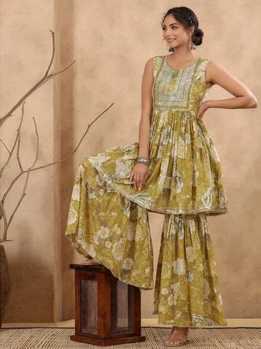 Silk Mustard Yellow Floral Printed Mulmul Peplum Embroidered Sharara