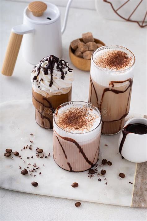Chocolate Frappe In A Variety Of Glasses With Chocolate Syrup Stock
