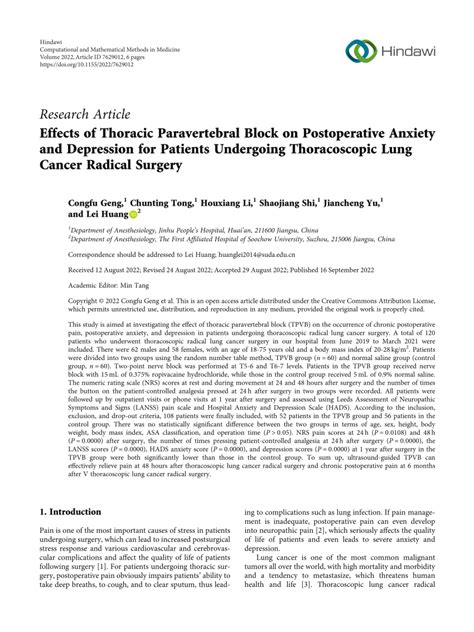 Pdf Effects Of Thoracic Paravertebral Block On Postoperative Anxiety And Depression For