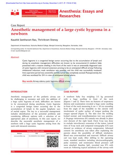 Pdf Anesthetic Management Of A Large Cystic Hygroma In A Newborn