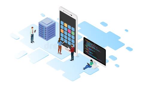 Mobile App Development With Programming Language And Server With Team Developer And Isometric