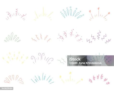 귀여운 색상의 낙서 햇살 디자인 요소 세트의 그림 광선 반쪽 폭발 불꽃 놀이의 손으로 그린 디자인 요소 검은색에 대한 스톡 벡터