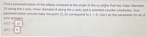 solved find a parametrization of the ellipse centered at the