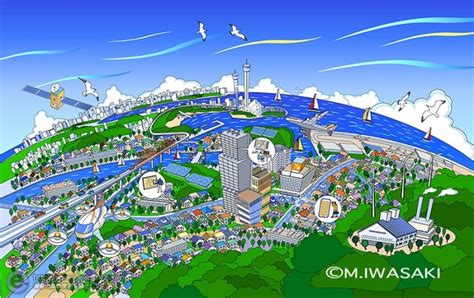 中外炉工業株式会社会社案内見開きイラスト 風景イラストと建物と俯瞰イラストと街並イラストと中外炉工業株式会社会社のイラスト