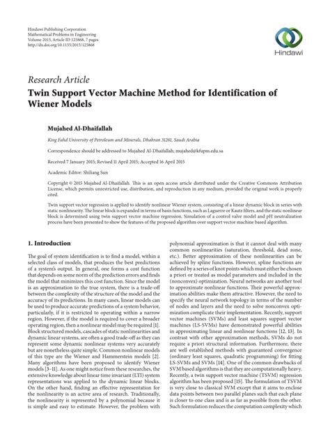 Pdf Twin Support Vector Machine Method For Identification Of Wiener