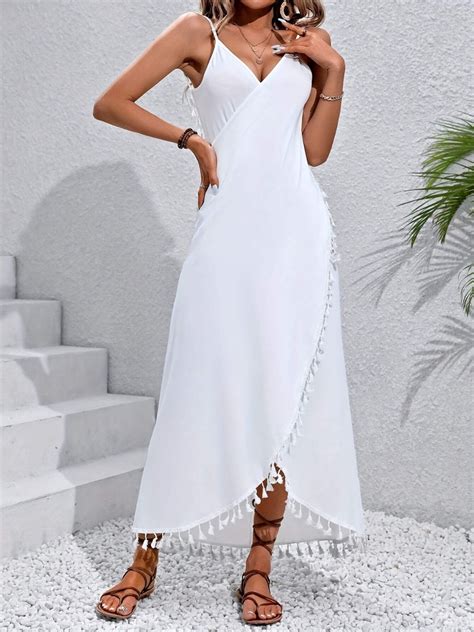 Backless Tassel Surplice Spaghetti Strap Cover Up Dress For Women